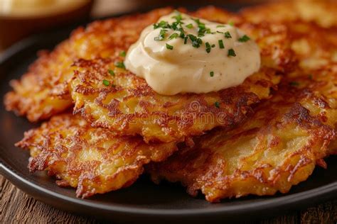 Close Up Of Crispy Latkes With Applesauce And Sour Cream Perfect For