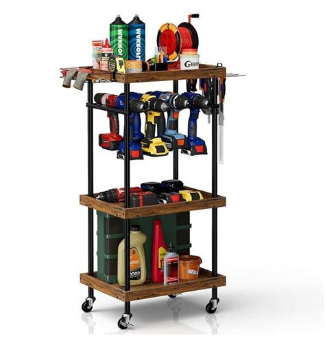 Smusei 전동 공구 정리함 카트 4단 차고 도구 정리함 및 보관 롤링 공구 카트 드릴 홀더 랙 선반 포 티몬