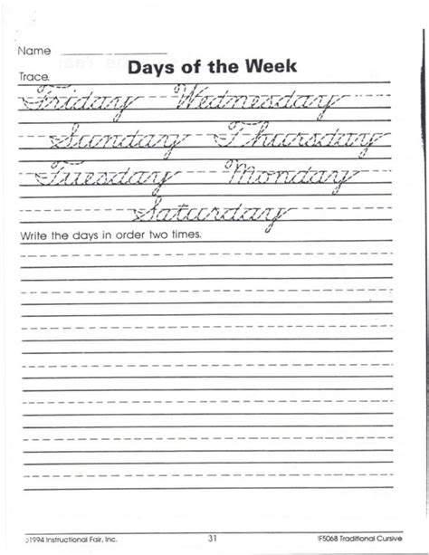 Traditional Cursive Days Of The Week Cursive Learning To Write Writing