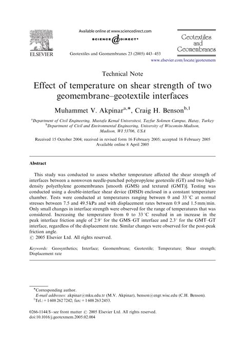 Pdf Effect Of Temperature On Shear Strength Of Two Geomembranegeotextile Interfaces
