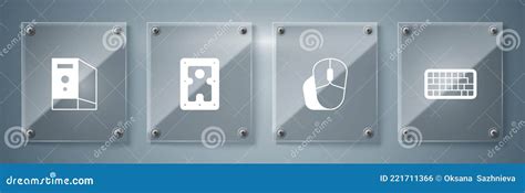 Set Keyboard Computer Mouse Hard Disk Drive Hdd And Case Of Computer Square Glass Panels
