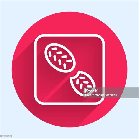 화이트 라인 휴먼 풋프린트 슈즈 아이콘은 긴 그림자로 분리되어 있습니다 신발 밑창 빨간색 원 버튼입니다 벡터 건강관리와 의술에 대한 스톡 벡터 아트 및 기타 이미지 Istock