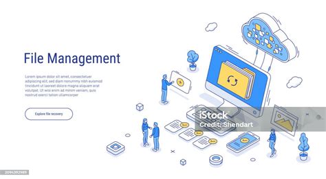 파일 관리 개념 문자 검색 공유 및 보안 전송 문서 폴더 및 기타 데이터를 클라우드 데이터베이스 저장소의 장치에서 전송합니다 윤곽선 등각투영 3d 선 벡터 그림입니다 3차원