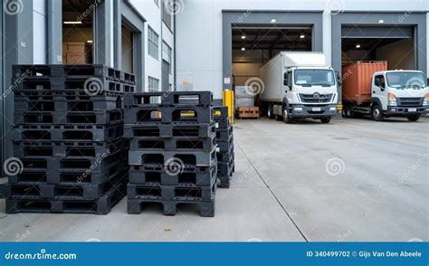 Heavy Duty Plastic Pallets Stacked Near Loading Dock In Factory Setting