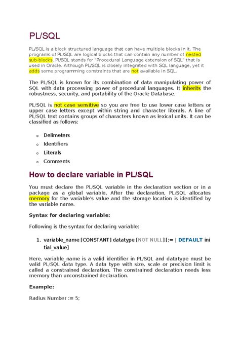 1 Intro To Plsql Summary Dbms Plsql Plsql Is A Block Structured