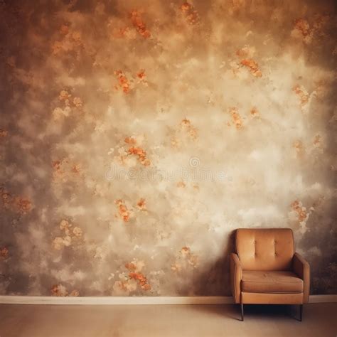 Retro Style Living Room With Brown Armchair And Ornate Floral Wallpaper