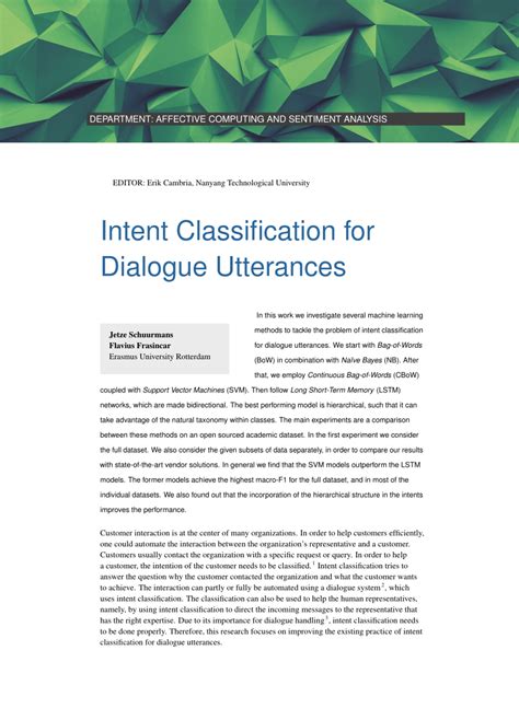 Pdf Intent Classification For Dialogue Utterances