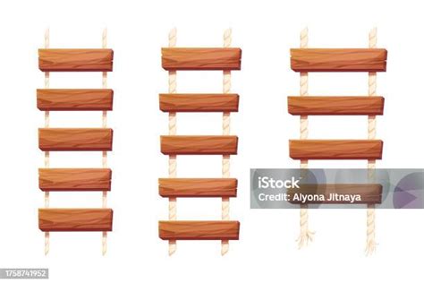 밧줄이 달린 나무 사다리 널빤지가 매달려 있고 흰색 배경에 고립된 만화 스타일의 계단 다리 게임 도로가 있습니다 벡터 그림 0명에 대한 스톡 벡터 아트 및 기타 이미지