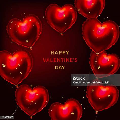발렌타인 레드 심장 풍선 및 황금 색종이와 배경 로맨틱 웨딩 사랑 인사 카드를 2 월 14 일입니다 벡터 일러스트 레이 션 3차원 형태에 대한 스톡 벡터 아트 및 기타