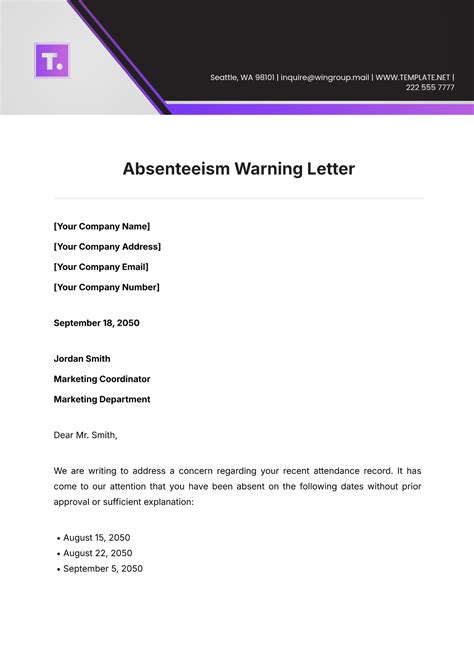 Free Absenteeism Warning Letter Template To Edit Online