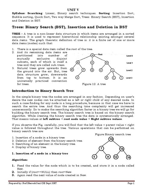 trees binary search bst insertion and deletion in bst unit v pdf