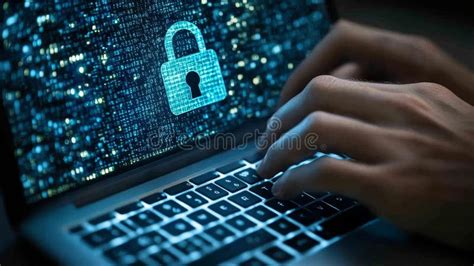 Cybersecurity Data Protection Hands Typing On Laptop Padlock Icon On Digital Background Stock