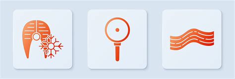 프라이팬 신선한 냉동 생선 스테이크 베이컨 스트라이프를 설정합니다 흰색 정사각형 버튼 벡터 건강에 좋지 않은 음식에 대한 스톡