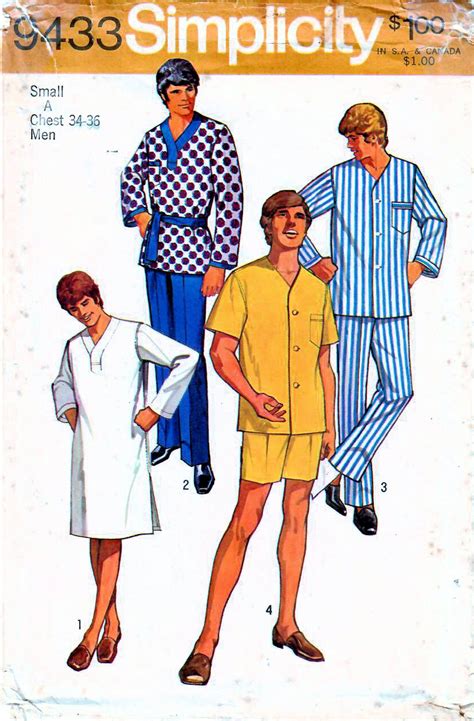 1970s Simplicity 9433 Vintage Sewing Pattern Men Long Pajamas Short