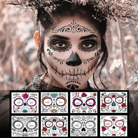 Day Of The Dead Face Tattoos 8 Sheet Halloween Temporary