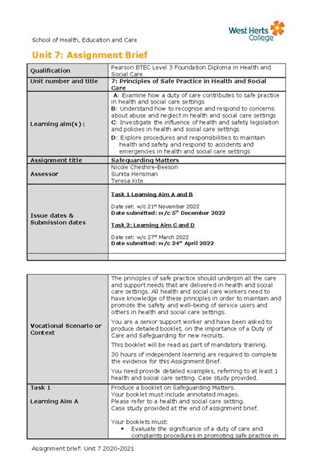 Assignment Brief For Task 1 1 Babe Of Health Education And Care Unit 7 Assignment Brief