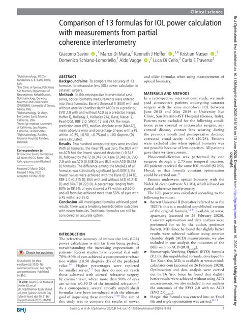 Pdf Comparison Of 13 Formulas For Iol Power Calculation With Measurements From Partial