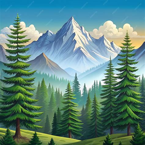 Mountain Landscape Forest Pine Trees Sketch Hand Drawn Vector