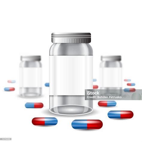 흰색 바탕에 약을 가진 유리 또는 플라스틱 빈 항아리를 세 현실적인 모의 최대 벡터 일러스트 레이 션 1 항아리 날카로운 두 항아리 필드의 깊이 0명에 대한 스톡 벡터 아트