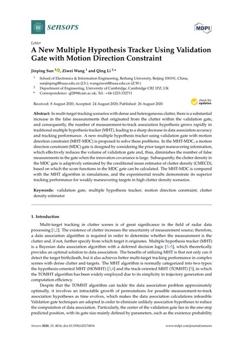pdf a new multiple hypothesis tracker using validation gate with