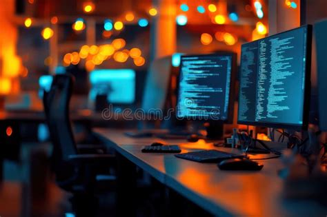 Blurred Coding Workspace With Screens And Code Stock Image Image Of