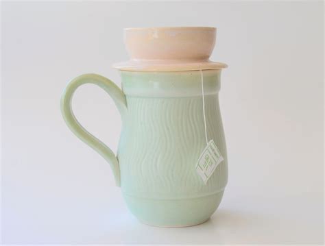 Ceramic Mug With Lid For Holding Tea Bag Single Turquoise Textured