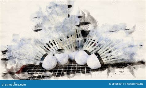 Artificial Drawing Of Badminton Shutter Cocks Were Put On The Racket Royalty Free Stock Image