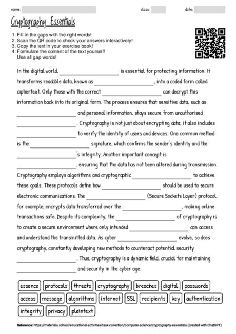 Cryptography Essentials A Cloze Text Worksheet