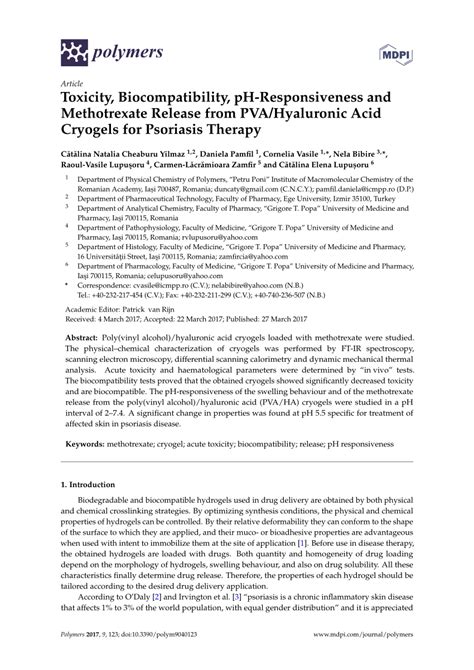 Pdf Toxicity Biocompatibility Ph Responsiveness And Methotrexate Release From Pva Hyaluronic