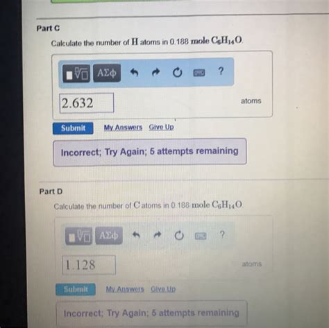 Solved Part C Calculate The Number Of H Atoms In 0 188 Mole