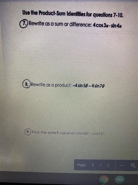 solved use the product sum identities for questions 7 10 7