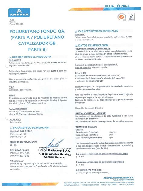 Ficha Tecnica Poliuretano Fondo Qa Qb Qd Anypsa Pdf