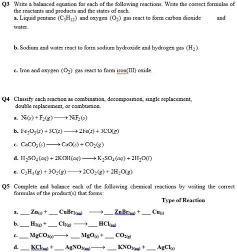 q3 write balanced equation for each of the following reactions write
