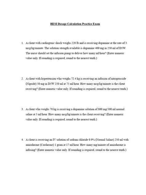 Hesi Dosage Calculation Practice Exam Pdf Intravenous Therapy Kilogram