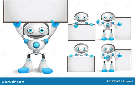 white robot vector characters set standing and holding empty blank