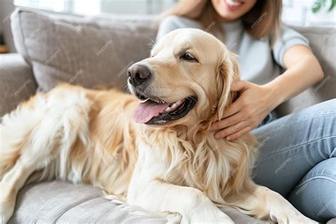 Affectionate Golden Retriever Enjoying A Cuddle From Owner Premium Ai