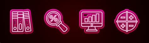 Set Line Office Folders Magnifying Glass With Percent Computer Monitor Graph Chart And Xyz