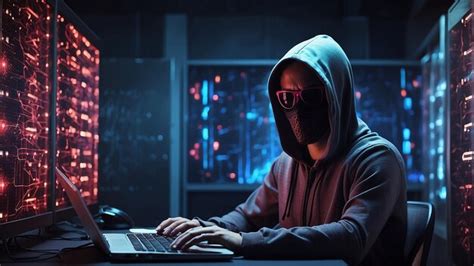 Premium Photo A Hacker In A Black Hoodie Is Sitting In A Dark Server Room Typing On A Computer