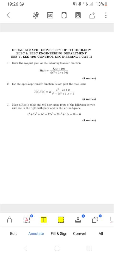 1 Nyquist Plot Draw The Nyquist Plot For The Following Transfer Function