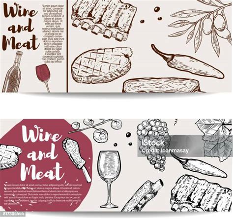 와인과 고기 배너 템플릿입니다 구이 스테이크 갈비 올리브 와인 포도 메뉴 전단지 포스터 디자인 요소입니다 벡터 일러스트 레이 션 고기에 대한 스톡 벡터 아트 및 기타 이미지