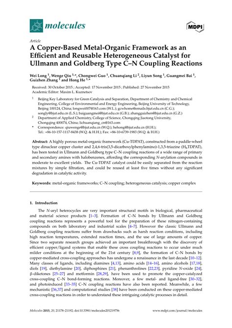 Pdf A Copper Based Metal Organic Framework As An Efficient And Reusable Heterogeneous Catalyst