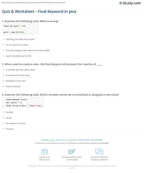 Quiz And Worksheet Final Keyword In Java