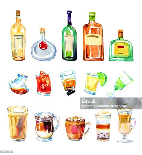 알코올 병 칵테일 커피 음료가 준비되어 있습니다 안경과 머그잔수채 수채화 손으로 그린 스케치 일러스트 수채화에 대한 스톡 벡터 아트 및 기타 이미지 Istock