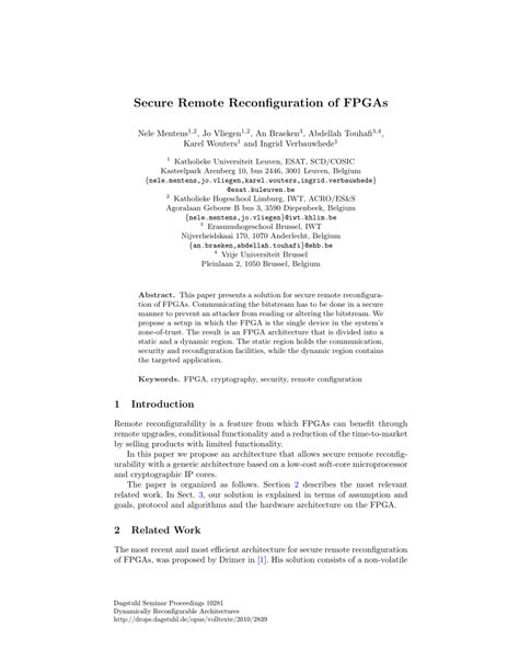 Pdf Secure Remote Reconfiguration Of Fpgas