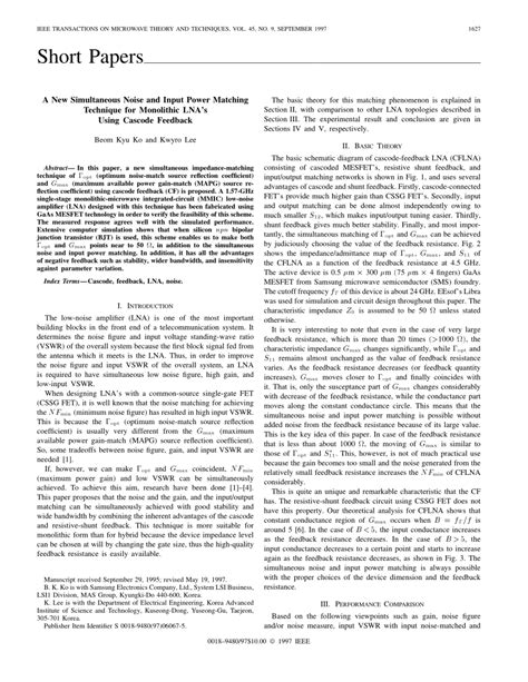 Pdf A New Simultaneous Noise And Input Power Matching Technique For Monolithic Lnas Using