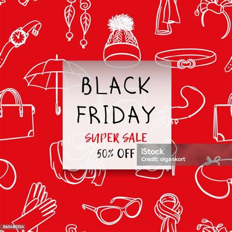 검은 금요일 사각형 배너입니다 패션 액세서리는 손에 원활한 패턴 배경 스타일을 그려 빨간색에 흰색 라인 벡터 일러스트 레이 션 0명에 대한 스톡 벡터 아트 및 기타 이미지