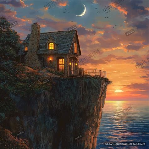 Ai创作图月光笼罩下的小屋 童话里的风景屋 梦幻夜晚立体画 悬崖上的房屋 童话故事里的小屋 悬崖下的小木屋 悬崖屋 魔幻小屋 夜景别墅鸟按图 幻境小屋 梦幻场景插画 异想天开的小屋 魔幻场景