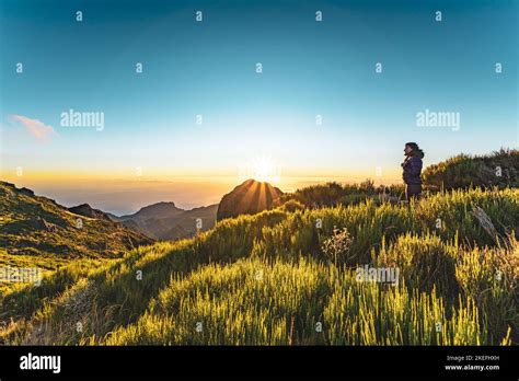 Description Woman Enjoying Beautiful Mountain Landscape Of Pico Do Ariero During Sunrise Pico