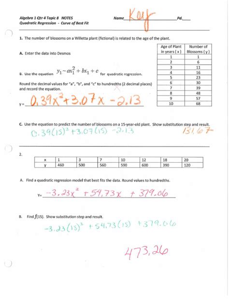 Quadratic Regression Notes Key Pdf