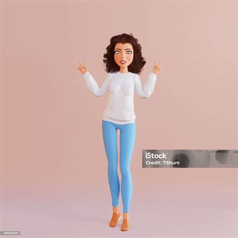 웃는 소녀는 분홍색 배경에 평화 사인을 하는 손가락을 보여준다 3d 렌더링 감정에 대한 스톡 사진 및 기타 이미지 감정 공휴일 긍정적인 감정 표현 Istock